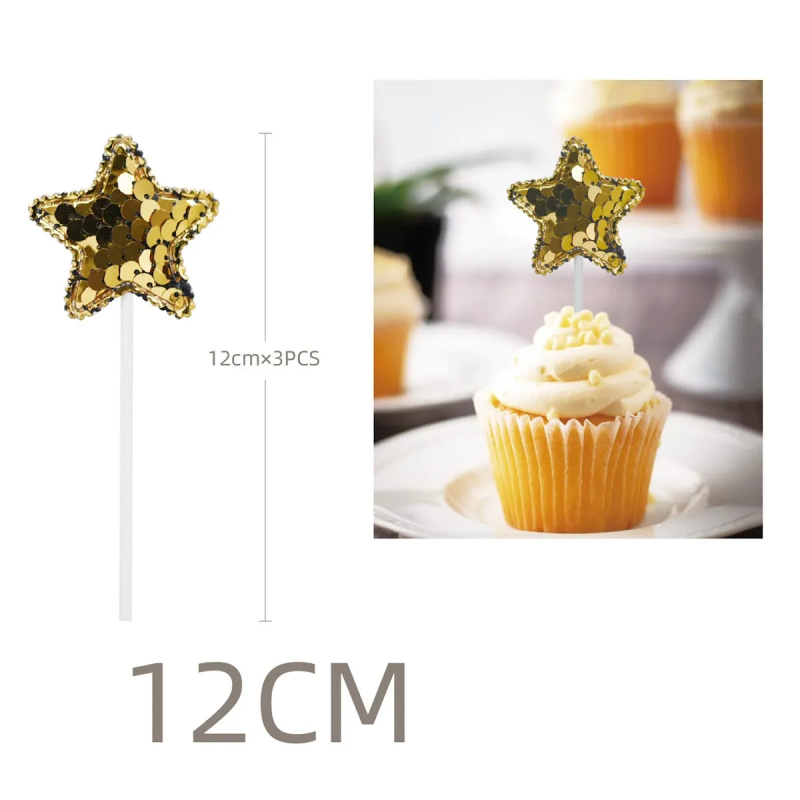 Topper de Bolo Estrela Dourada Brilhante (3UN - 12cm)